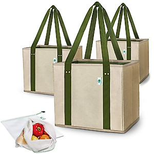 4cleanliving Reusable Shopping Bag Boxes | Set of 3 Reusable Grocery Totes | Premium Foldable Washable Sturdy Heavy Duty | Environment-Friendly | BONUS 2 Mesh Produce Bags