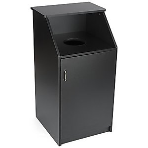 Displays2go Commercial Trash Bin with Black Finish, MDF Construction, Melamine Finish, Circular Cutout - Hinged Door (LCKDTLCSBK)