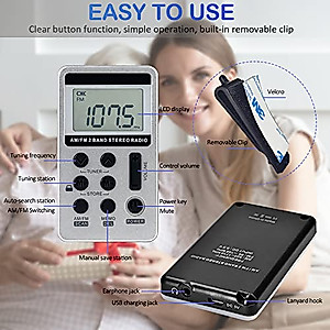 SWDSTP Portable AM FM Radio, Walkman Radio with Digital Tuning LCD Display, Rechargeable Pocket Radio with Earphone, Small Radio with Detachable Belt Clip for Walking, Jogging