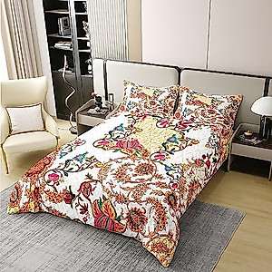 100% Cotton Exotic Floral Duvet Cover Full, Boho Bedding Set, Bohemian Floral Persian Exotic Tribal Comforter Cover, Abstract Gold Red Flowers Botanical Plant 3Pcs Quilt Cover for Girls
