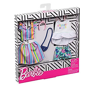 Barbie Clothes -2 Outfits for Barbie Doll Include a Top with ‘Weekend Mode’ Graphic, Floral Shorts and a Striped Top and Skirt with Purse and Headband, Gift for 3 to 8 Year Olds