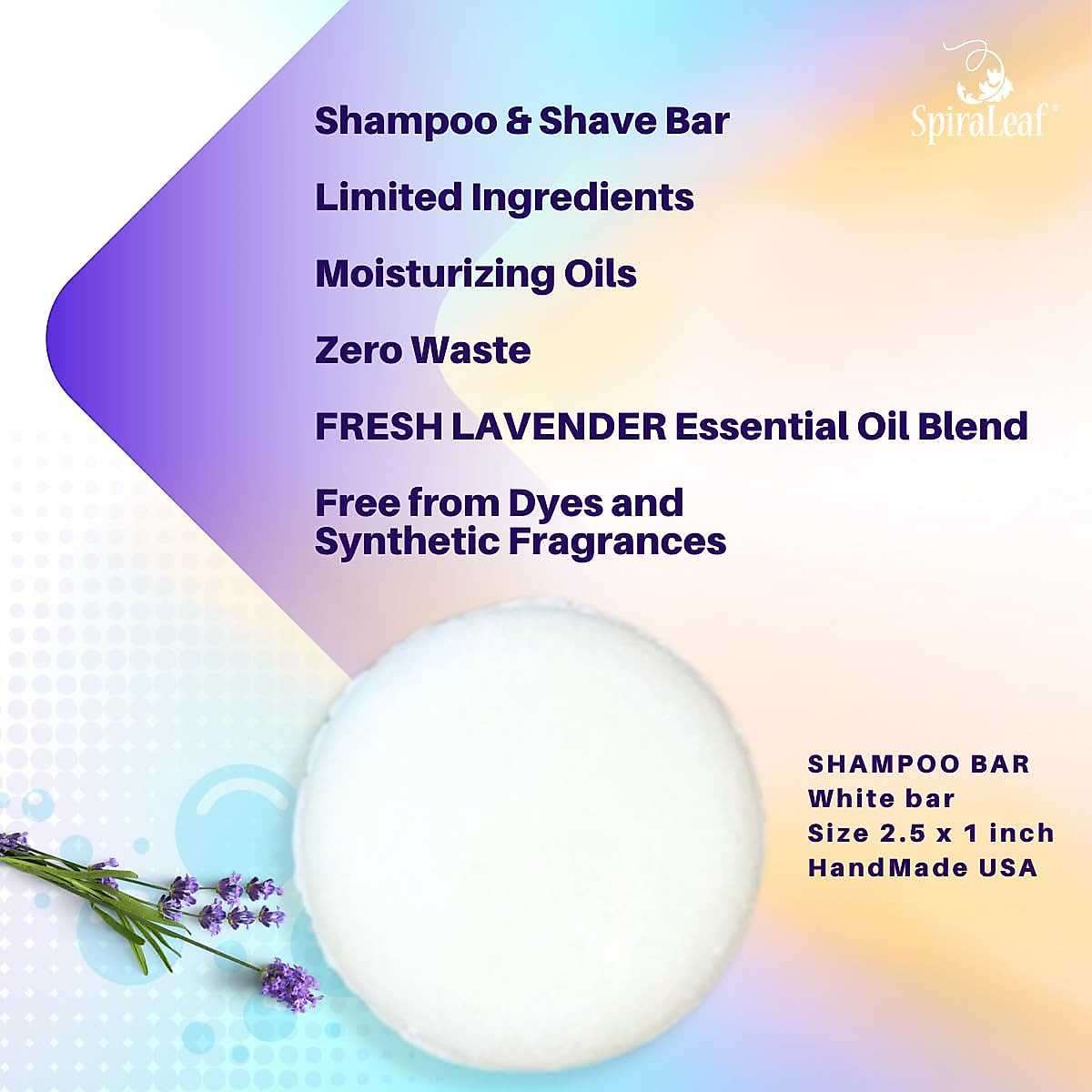 Spiraleaf Shampoo & Shave Bar, Essential Oils, Limited Ingredients, Concentrated Formula, USA Made (Fresh Lavender)