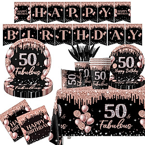 142Pcs 50th Birthday Tableware Decorations,Black Rose Gold Tableware Set 50th Birthday Plates and Napkins Cup Rose Gold Tablecloth Happy Birthday Banner for Women Birthday Disposable Supplies Serve 20
