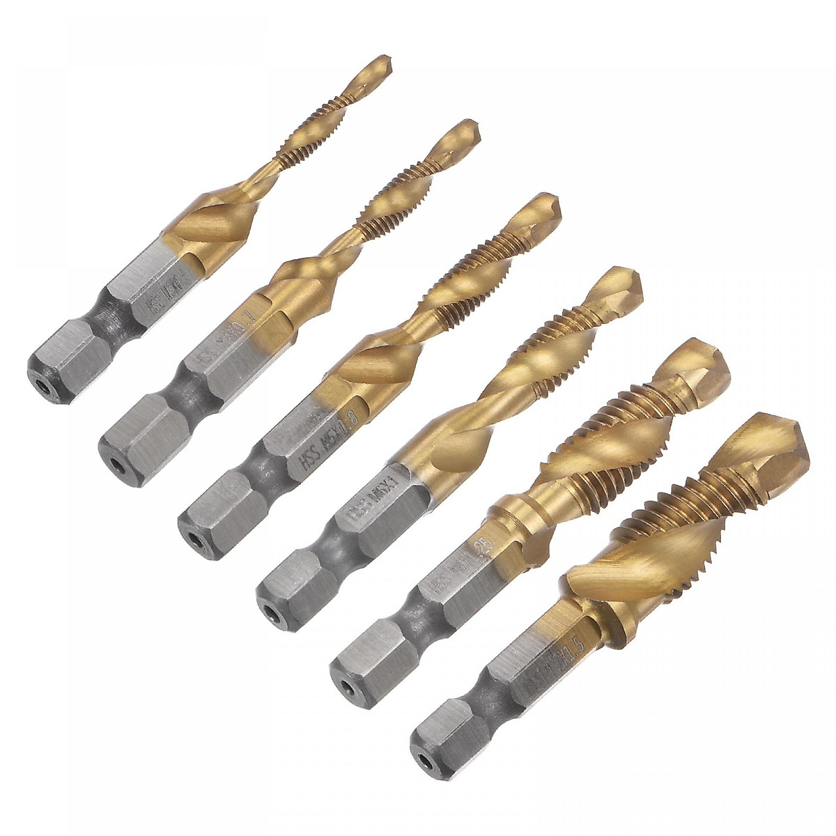 uxcell Combination Drill and Tap Bit Set, M3 M4 M5 M6 M8 M10 Titanium Coated High Speed Steel 4341 Spiral Flute Drilling Tapping Tool 1/4" Hex Shank 6pcs