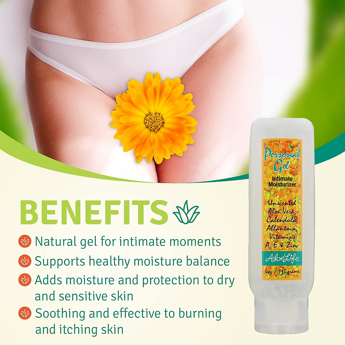 Aloe Life - Personal Gel, Intimate Moisturizer, Organic Aloe Cream, Silky & Non-Staining Formula, Perfect For Menopause, Burn Treatment, Protects & Moisturize Skin, Skincare Gel, Fragrance-Free (4 oz)