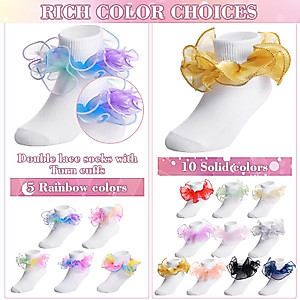 Lasnten 15 Pairs Ruffle Socks for Toddler Girls Double Lace Socks Bulk Turn Cuff Big Ruffle for Infant Toddler and Kids(4-6 Years)