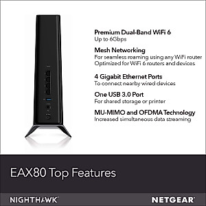 NETGEAR Nighthawk WiFi 6 Mesh Range Extender EAX80 - Add up to 2,500 sq. ft. and 30+ devices with AX6000 Dual-Band Wireless Signal Booster & Repeater (up to 6Gbps speed), plus Smart Roaming