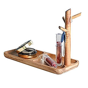 CYQGDKF Wood Key Tray for Entryway Table, Jewelry Tray, Catchall Tray with 3 Stand Hanging Organizer, for Rings, Phone, Bracelets Watches