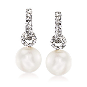 Ross-Simons Cultured Pearl and 50 ct. t.w. CZ Hoop Drop Earrings in Sterling Silver