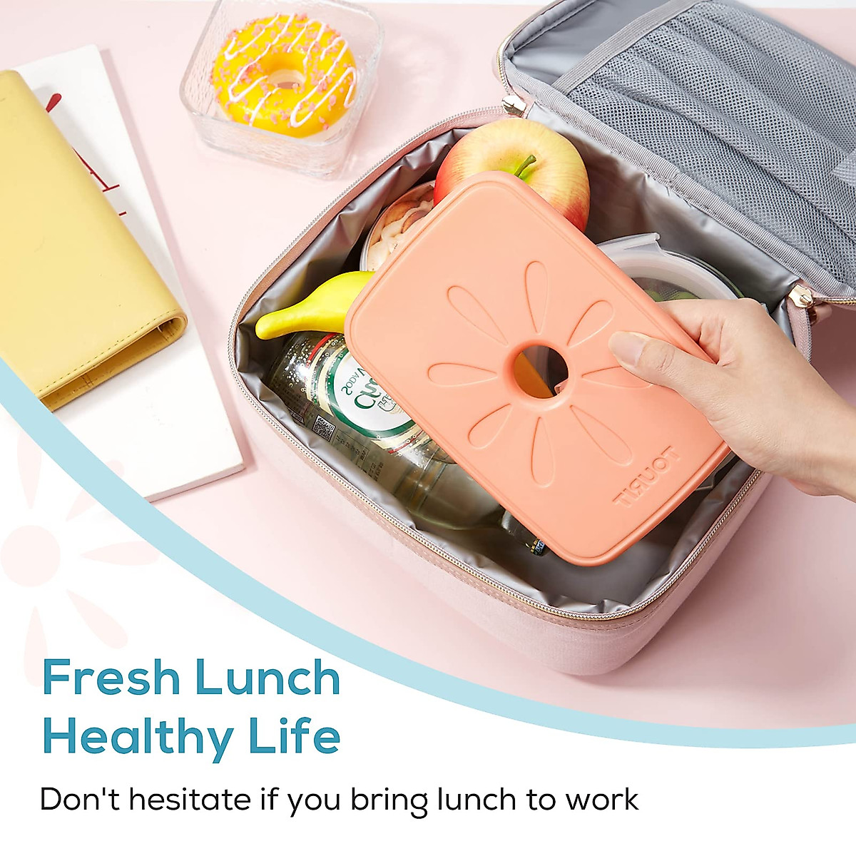 TOURIT Lunch Bag Women Double Deck Lunch Box Insulated Lunch Cooler Pink, with Reusable Long-Lasting Slim Ice Packs, Camping Accessories, 2 Packs Pink & Purple