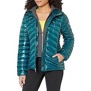 GUESS womens Hooded Packable Puffer Transitional Jacket, Emerald, Medium US