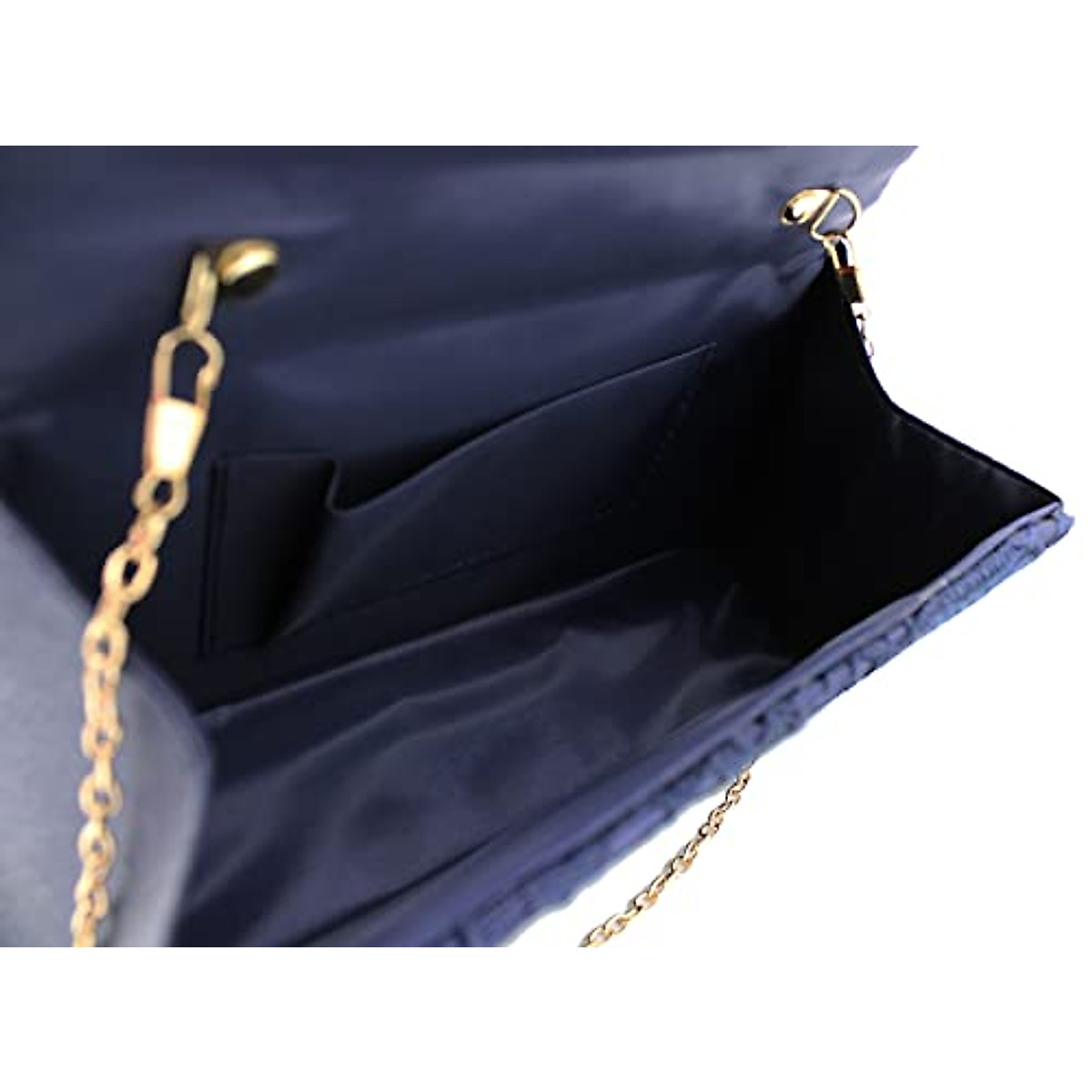 Premium Lace Paisley Floral Fabric Satin Top Handle Clutch Evening Bag Handbag, Navy