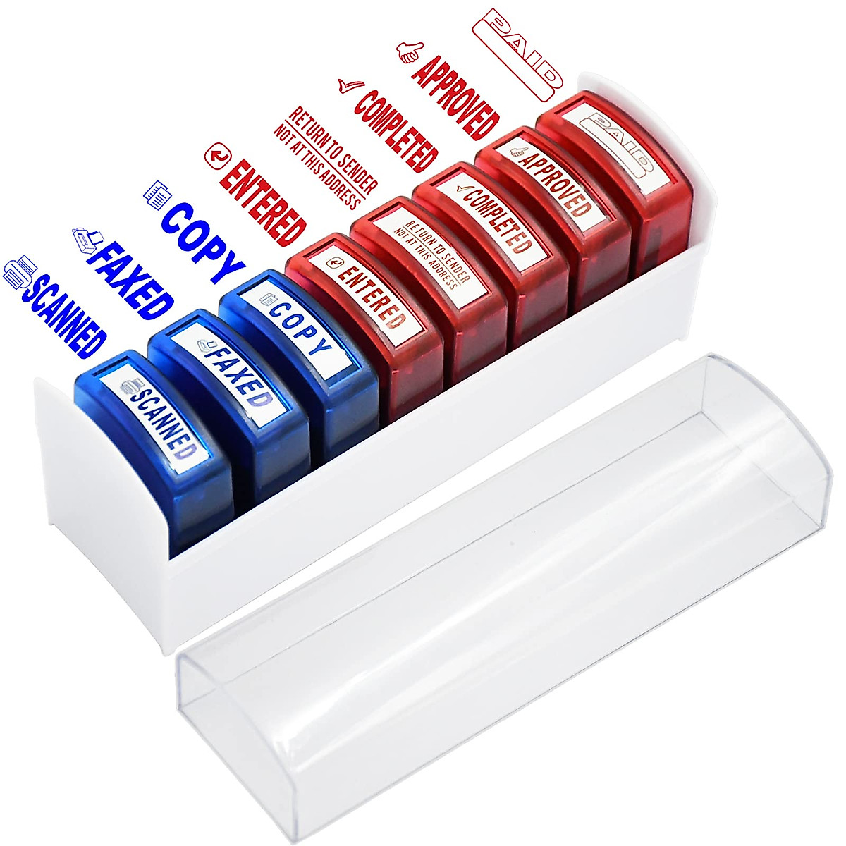 Bertiveny Self Inking Office Stamp Set for Approved Paid Completed Copy Faxed Scanned Stamps, Rubber Business Stamp 8 PCS with Plastic Tray Message Account Stamp Paper Work Text Ink Stampers