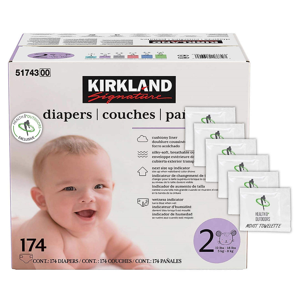Kirkland Signature Diapers Size 2 (12lbs - 18 lbs) 174 Count W/ Exclusive Health and Outdoors Wipes