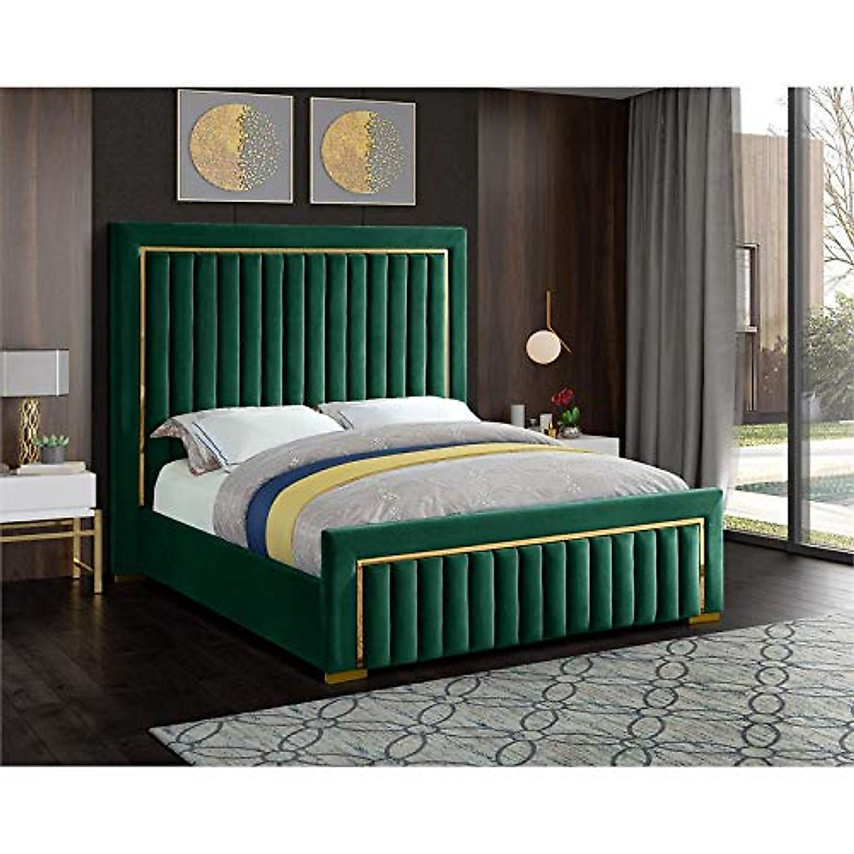 Meridian Furniture Dolce Collection Modern | Contemporary Velvet Upholstered Bed with Luxurious Channel Tufting and Gold Metal Trim/Legs, Queen, Green