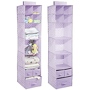 mDesign Soft Fabric Over Closet Rod Hanging Storage Organizer with 7 Shelves and 3 Removable Drawers for Child/Kids Room or Nursery - Polka Dot Pattern - 2 Pack - Light Purple/White Polka Dots