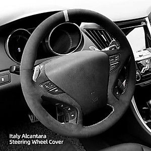 Alfanxi Hand Stitch Alcantara Steering Wheel Cover Compatible with Hyundai Elantra 3 Elantra Sport Elantra GT 2013-2017(White Stripe)