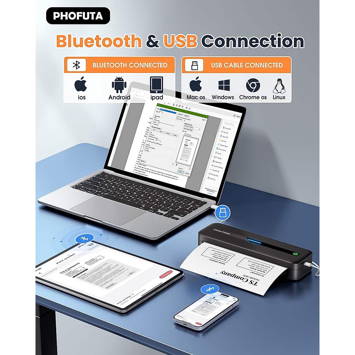 PhoFuta M832 Portable Printers Wireless Travel 300dpi,Small Inkless Thermal Printer for Phone & Laptop, Bluetooth Compact Printer for Mobile Office Home, Support A4 & 8.5 x 11 US Letter Thermal Paper