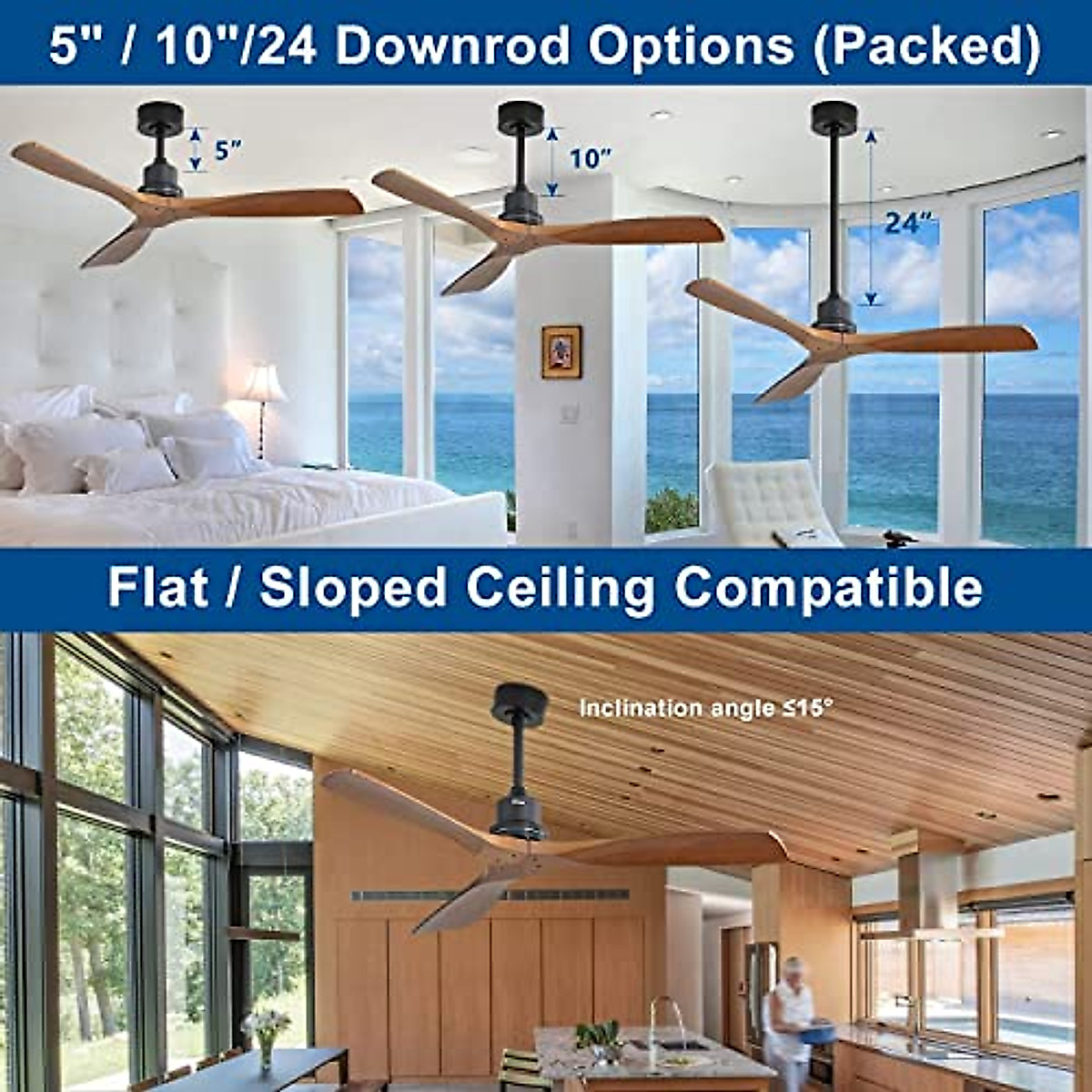 ReLa Mall 52in Ceiling Fan with Remote Control, Indoor Outdoor, Black Ceiling Fan No Light, Walnut Wood Blades, Reversible Motor for Bedroom Patios Kitchen Living Room Farmhouse
