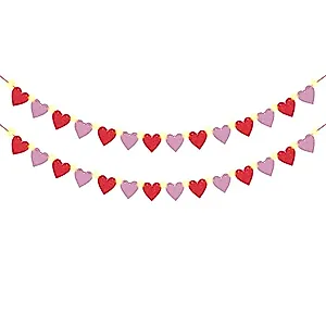 2 Pieces Heart Garland Banner for Valentines Day with Warm Led Lights Decorations Red Pink Heart Felt Banners Garland for Fireplace, Anniversary, Wedding, Engagement Party Home Decor (Style 3)