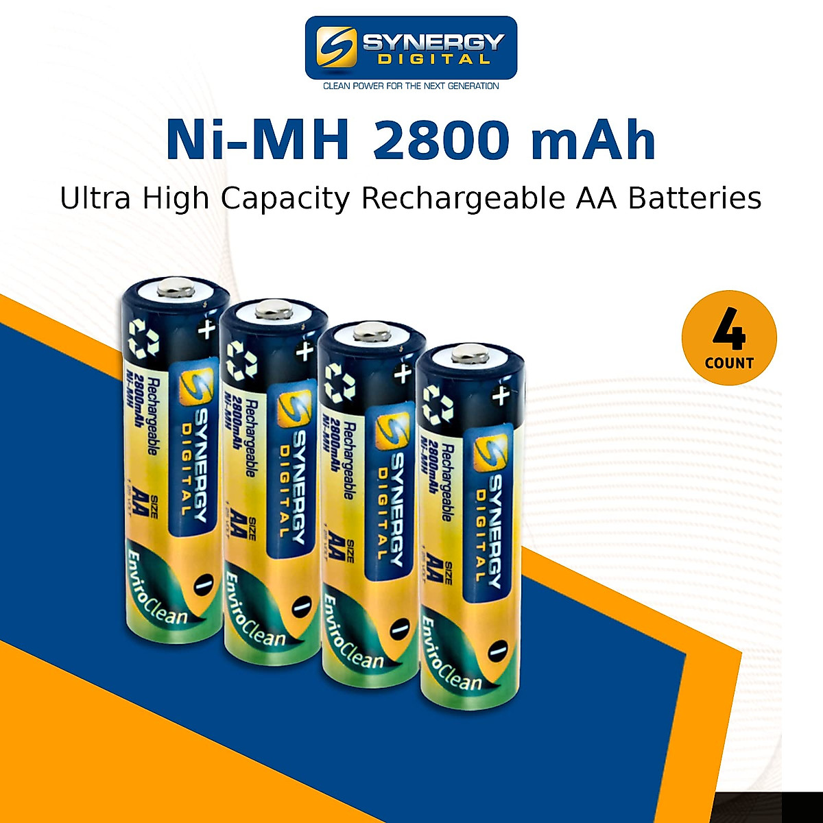 Synergy Digital AA Batteries, 4-Pack, Ultra High Capacity, Double A Rechargeable Batteries (Ni-MH, 1.25V, 2800 mAh)