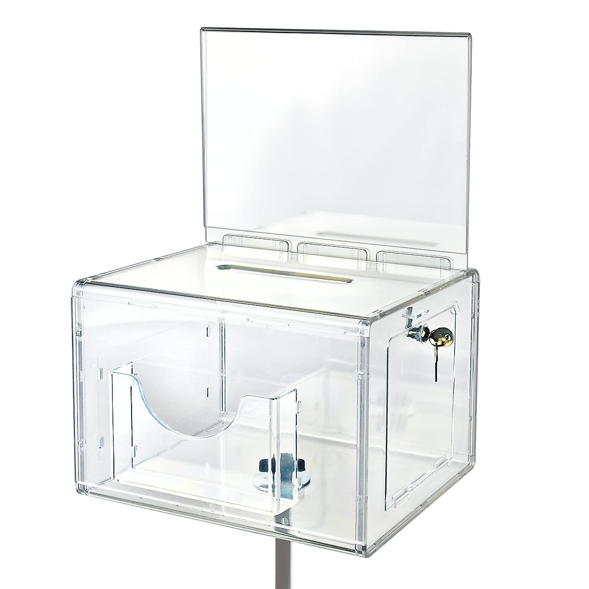Azar Displays 206325-CLR Suggestion Box with Lock and Keys, Donation Box, Offering Box, Locked Display Stand, Acrylic Sign Holder on Pedestal, Clear Locking Box with Slot, 11"x 8.25"x8.25"