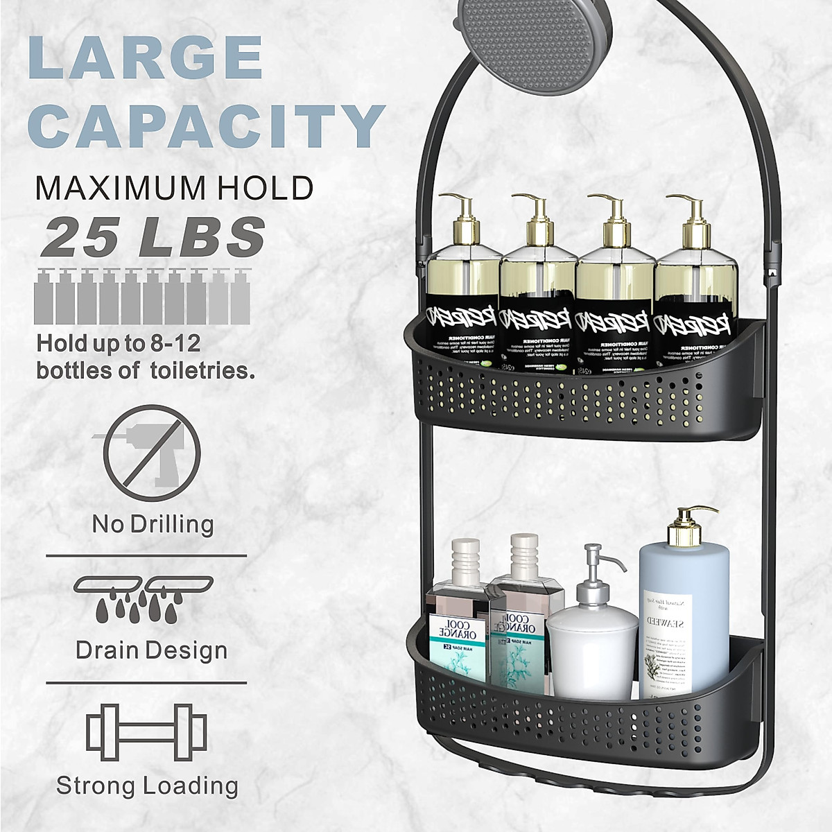 EMT ETRENDS Shower Caddy Hanging, Anti-Swing Over Head Shower Caddy Rustproof, Over the Door, Plastic Bathroom Organizer, Multiple Hanging Modes Shelf with Hooks and Suction Cups, Matte Grey