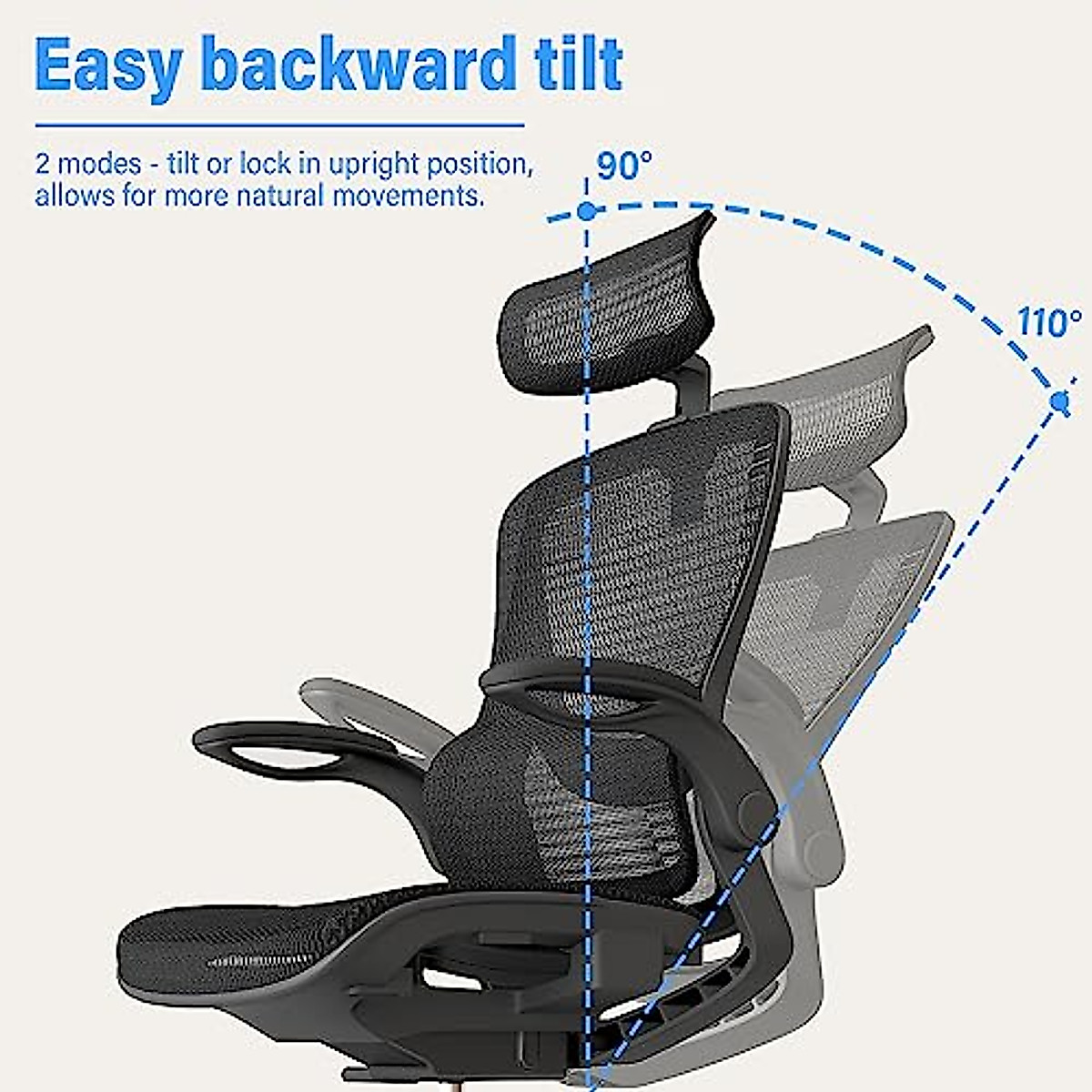 GABRYLLY Ergonomic Office Desk Chair, High Back Mesh Chair with Adjustable Flip-up Arms & Headrest, Swivel Computer Task Chair with Lumbar Support, Tilt Function for Home,Office & Student(Black)