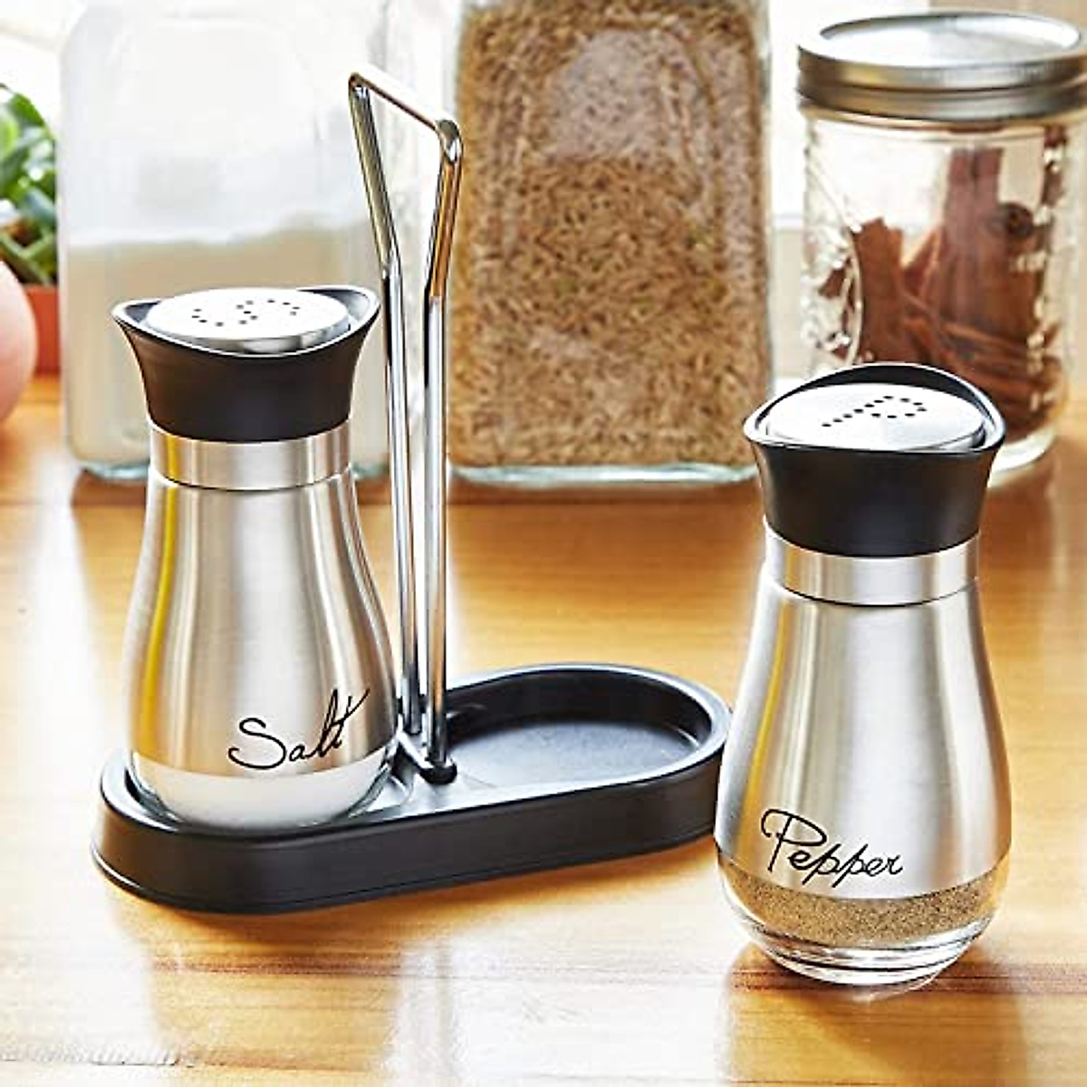 Juvale Stainless Steel Salt and Pepper Shakers Set with Holder, Refillable, Clear Glass Bottoms, Screw-Off Perforated "S" and "P" Caps for Kitchen Table Decor (4oz)