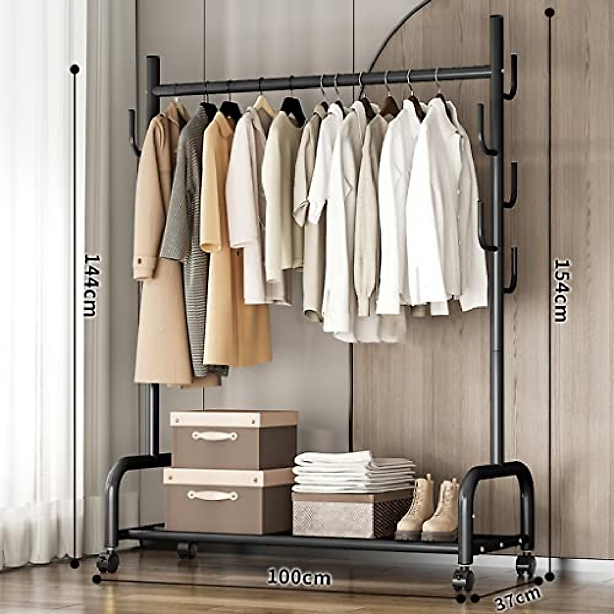 TCXSSL Industrial Pipe Clothing Rack Clothing Racks On Wheels, Retail Clothes Rack Rolling Racks for Hanging Clothes Rustic Heavy Duty Clothes Rack (Color : Black, Size : 100 * 37 * 154cm)