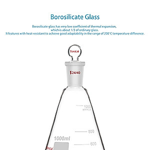 stonylab Glass 24/40 Erlenmeyer Flask with Stopper, 1000 ml Borosilicate Glass Heavy Wall Flask with 24/40 Standard Taper Outer Joint and Glass Stopper