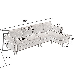Ball & Cast 106" Convertible Sectional Sofa with Storage Chaise, Linen Upholstered 4 Seater Couch with Back Cushions and Removable Ottoman for Living Room, Apartment, Office,Beige