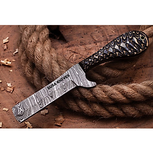 SUSA KNIVES Handmade Damascus Steel Bull Cutter Knife, Cowboy Fixed Blade knife, Wood Handle, EDC Knife PANCAKE Leather Sheath Gift For Men