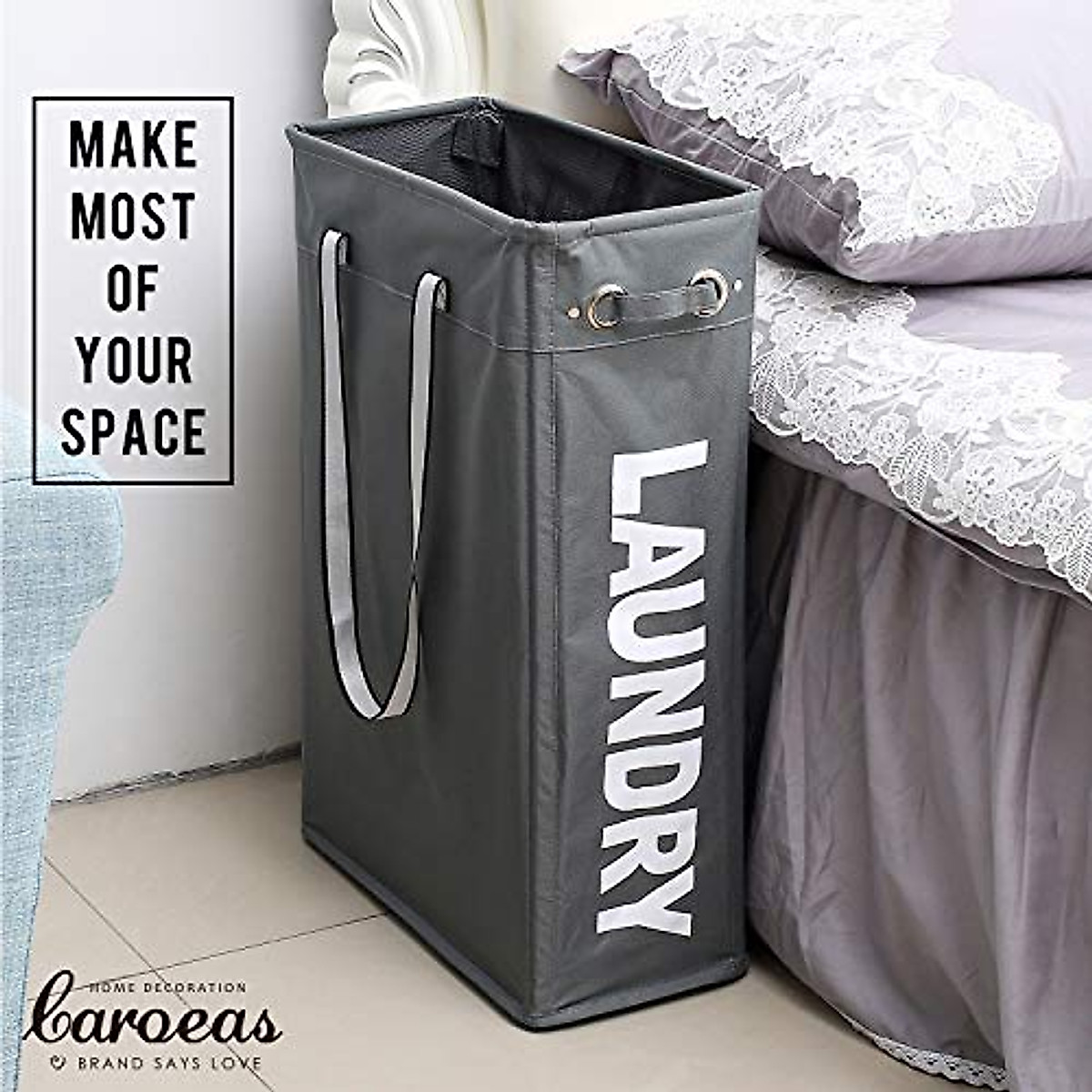 Cloth Clothes Basket, Caroeas 24" Handy Hanging Laundry Basket Tall & Slim Hamper Waterproof Laundry Bag Collapsible Travel Laundry Bag with Breathable Mesh Cover & Soft Handle Laundry Hamper (Grey1)