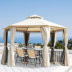 Outsunny 13' x 13' Patio Gazebo, Double Roof Hexagon Outdoor Gazebo Canopy Shelterwith Netting & Curtains, Solid Steel Frame for Garden, Lawn, Backyard and Deck, Beige