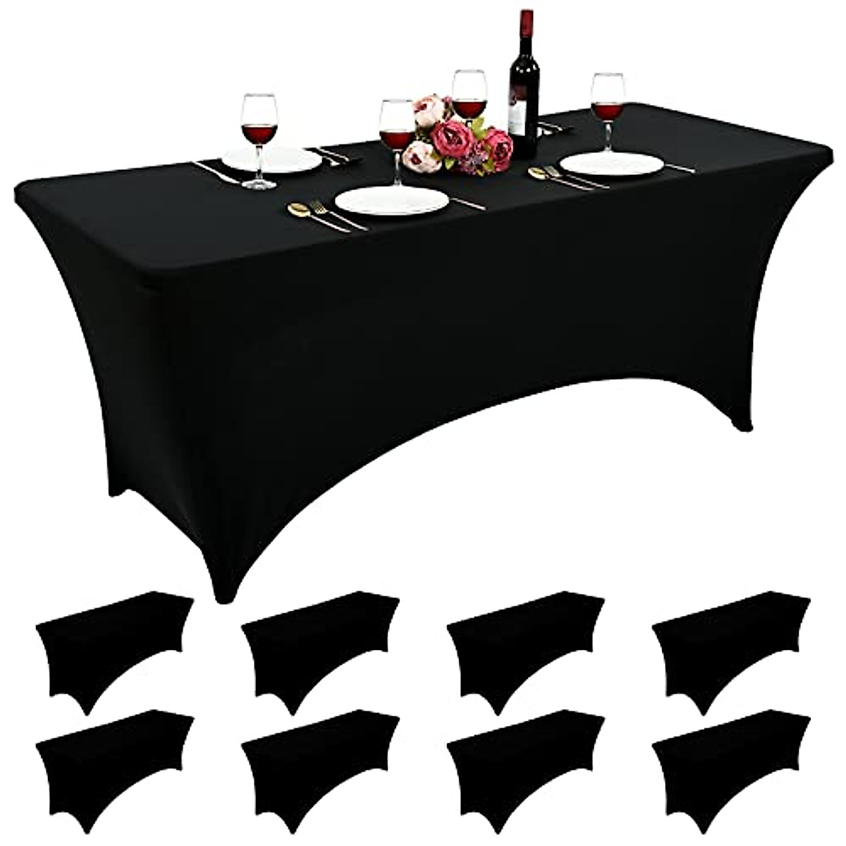 8 Pack Stretch Spandex Table Cover for 6ft Folding Tables Black Tablecloth Fitted Tablecloths for Rectangular Tables Polyester Washable Tablecloths Protector for Parties,Trade Shows,Banquet,Cocktail
