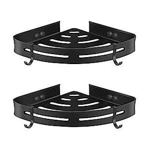 Shower Corner Shelf, Adhesive Black Shower Caddy Wall Mounted, Non-drilled Kitchen Rack Bathroom Corner Shelf with Hooks, Aluminum Storage Shelves for Bathroom, 2-pack Paste or Driling