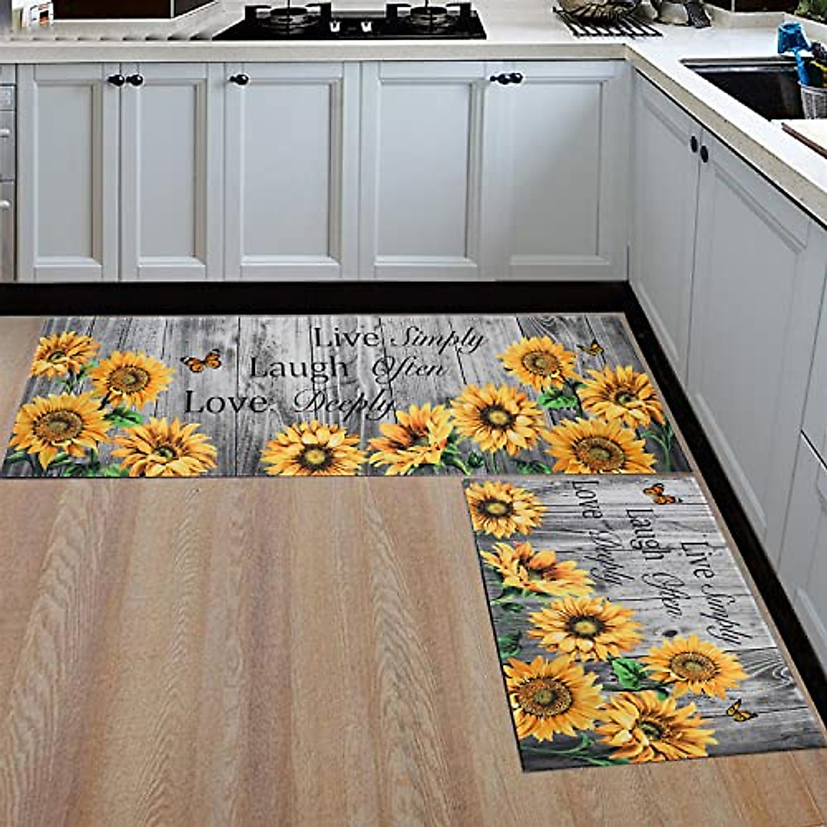 Sunflower Kitchen Rugs and Mats 2 Pieces Sunflower Rugs Set for Kitchen Rug Retro Sunflower Kitchen Rugs Sets Non-Slip Floor Mat Doormat Runner Rug for Kitchen, Laundry, Living Room, Front Door