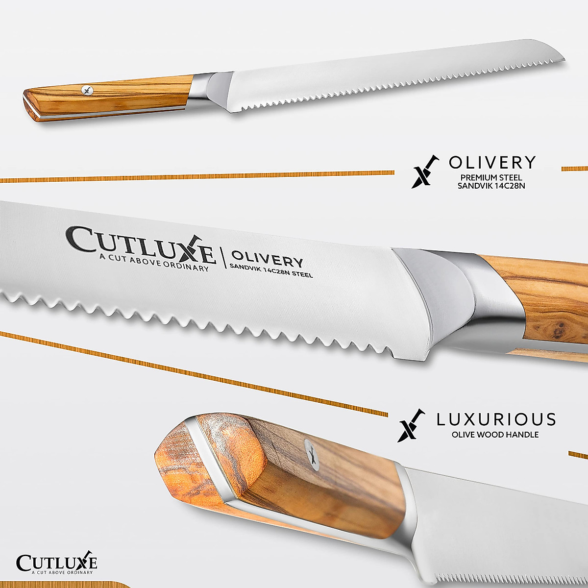 CUTLUXE Bread Knife – 10" Serrated Kitchen Knife – Olive Wood Handle – Full Tang – Olivery Series