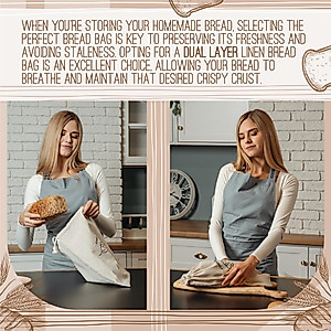 Simply H&K Linen Bread Bags [Pack of 3] with Inner Lining - Keeps Homemade Bread Fresh & Secure - Perfect for Sourdough & Gift Giving - Set of Reusable Bread Bags