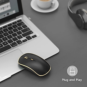 JOYACCESS J Silent Mouse Wireless, Portable Wireless Computer Mouse with 5 Adjustable DPI Levels, USB Mouse for Desktop, Notebook, MacBook, Chromebook, PC (Black Gold)