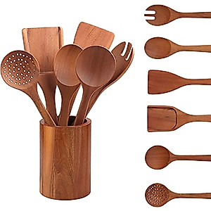 Acacia Wooden Utensils for Cooking 7 Pieces,Wooden kitchen Utensil Set with Matching Holder For Non-stick