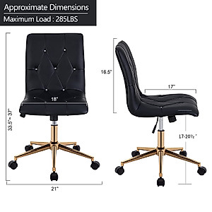 DUHOME Leather Home Office Chair, Armless Black Desk Chair with Gold Base, Adjustable Task Chair Computer Chair Rolling Chair with Wheels for Teens