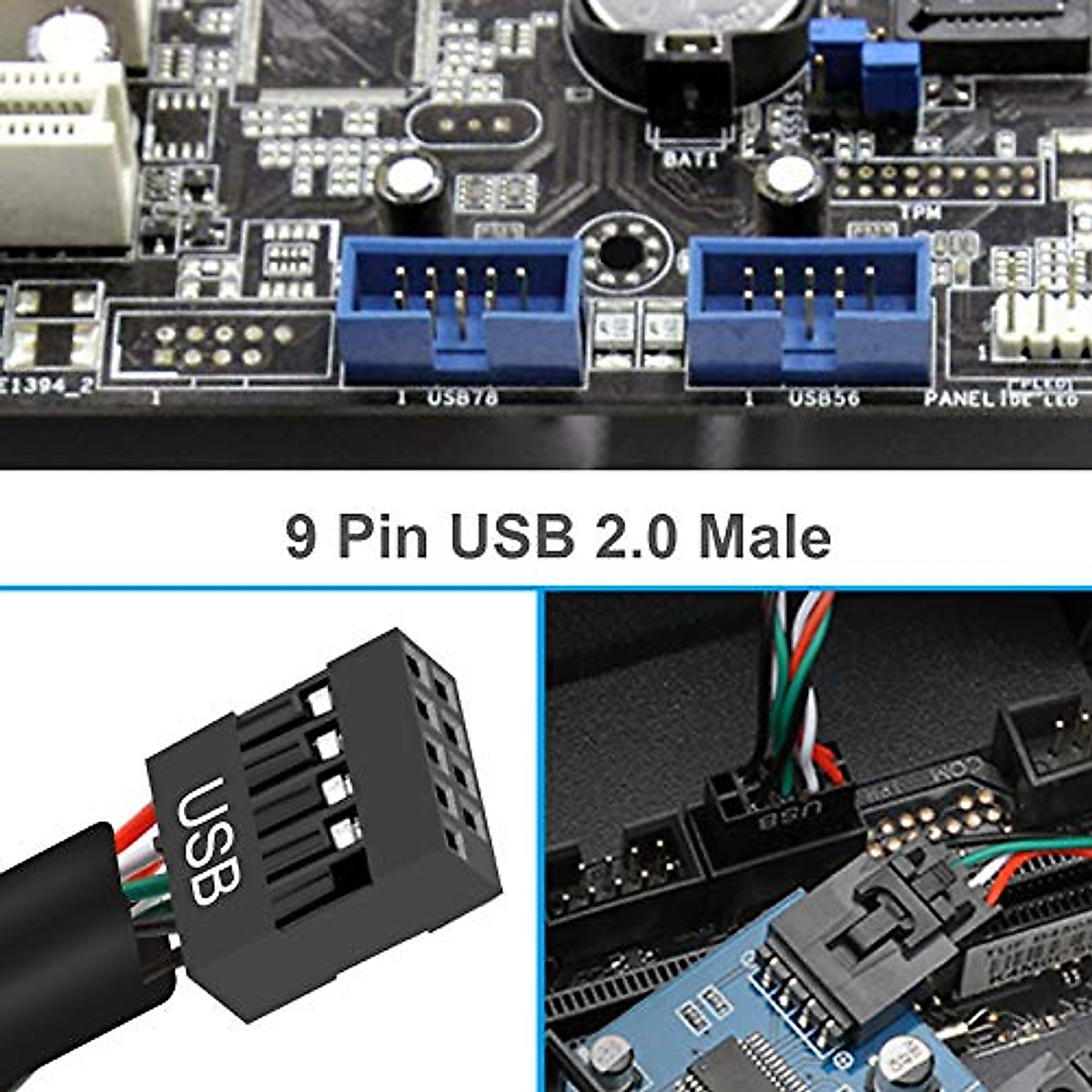 Kowlone Motherboard 9 Pin USB Header Splitter, Male 1 to 4 Female Extension Splitter Cable Desktop Card 9-Pin USB 2.0 HUB Connector Adapter Port Multiplier