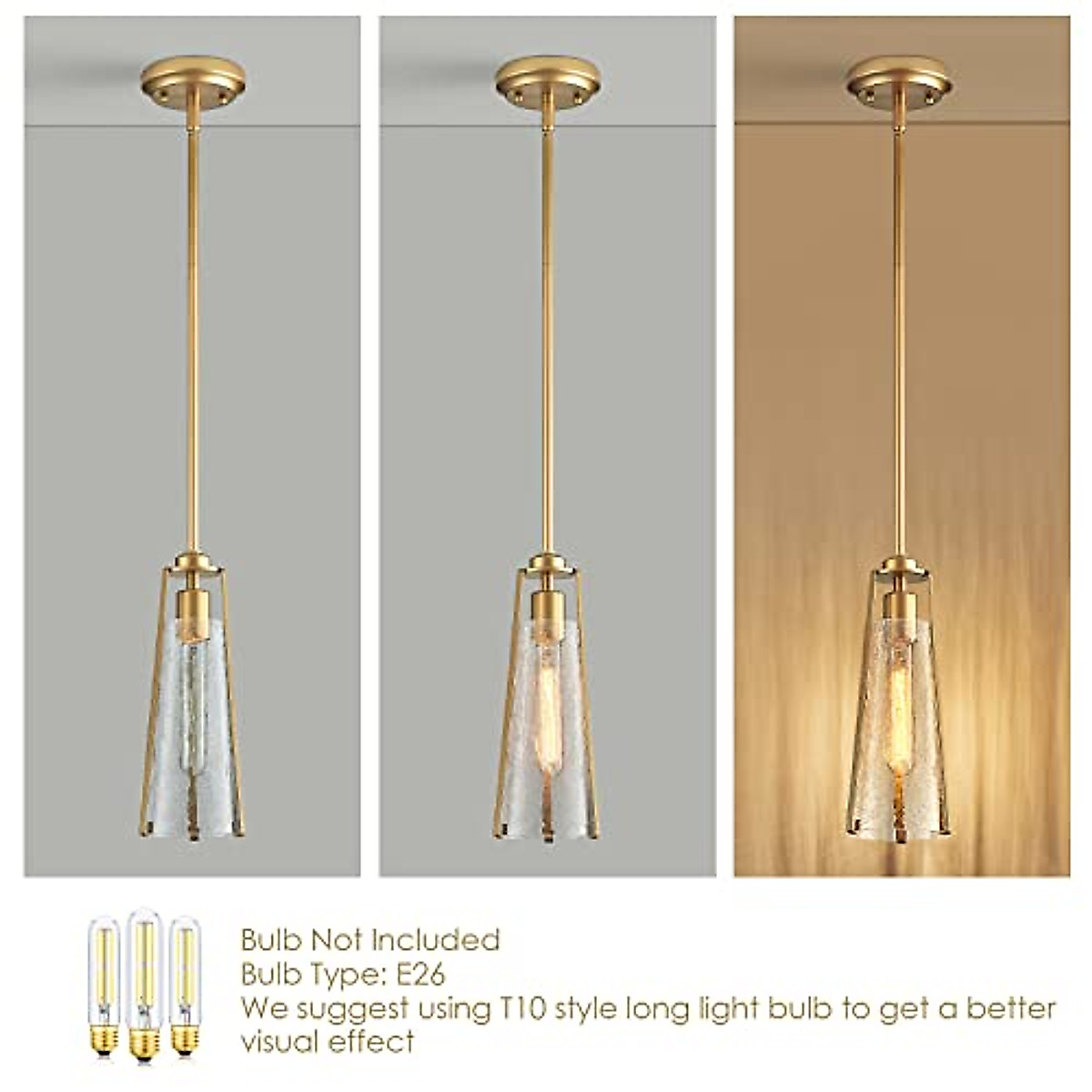AIRYPHANT Gold Glass Pendant Light Set of 3, Modern 1-Light Gold Crackle Glass Pendant Light for Dining Room Kitchen Island