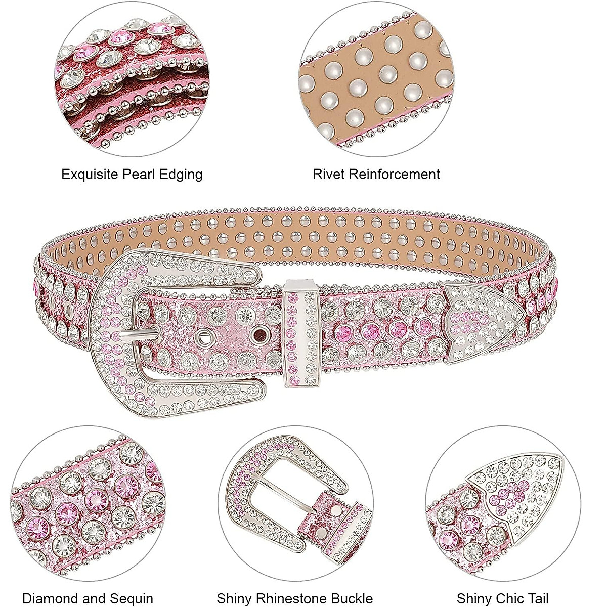 Xpvezl Studded belt Rhinestone Belt for Women Men Belts Cowgirl Bling Silver Leather Belt Western Belt Gifts Festivals Christmas Party Belt Wide Womens Belts Belts for Women Women's Belt(Pink,S)