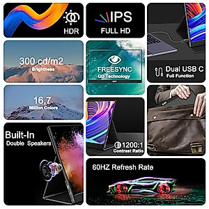 Newest Portable Monitor 16.1" 1920 FHD 2024 HDR 178° PC Screen,Second External Gaming Monitor FreeSync IPS USB-C HDMI Dual Speakers Smart Cover for | Laptop | PC | Phone | Mac | PS4/5 Switch