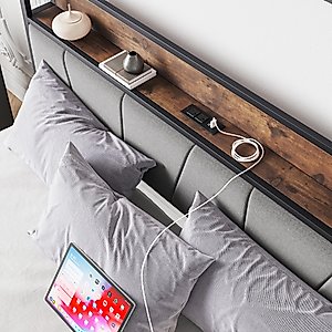 GJHOME Queen Size Bed Frame, Storage Headboard with Charging Station, Solid and Stable, Noise Free, No Box Spring Needed, Easy Assembly (Queen Size)