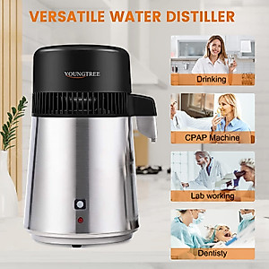 YOUNGTREE 4L Polished Stainless Steel Water Distiller, 110V 1 Gallon Distilled Water Machine for Home Countertop, UL Listed Distilled Water Maker, 750W Electric Automatic Water Purifier