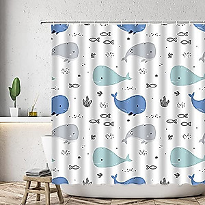 DSMEUE 4 Piece Shower Curtain Sets with Rugs,Cartoon Whale Blue Gray Tropical Fish Seaweed Funny Sealife Boys Girls 70" x 70" Bathroom Curtain and 17.8"x29.5" Bath Mat,Toilet Cover, U-Shaped